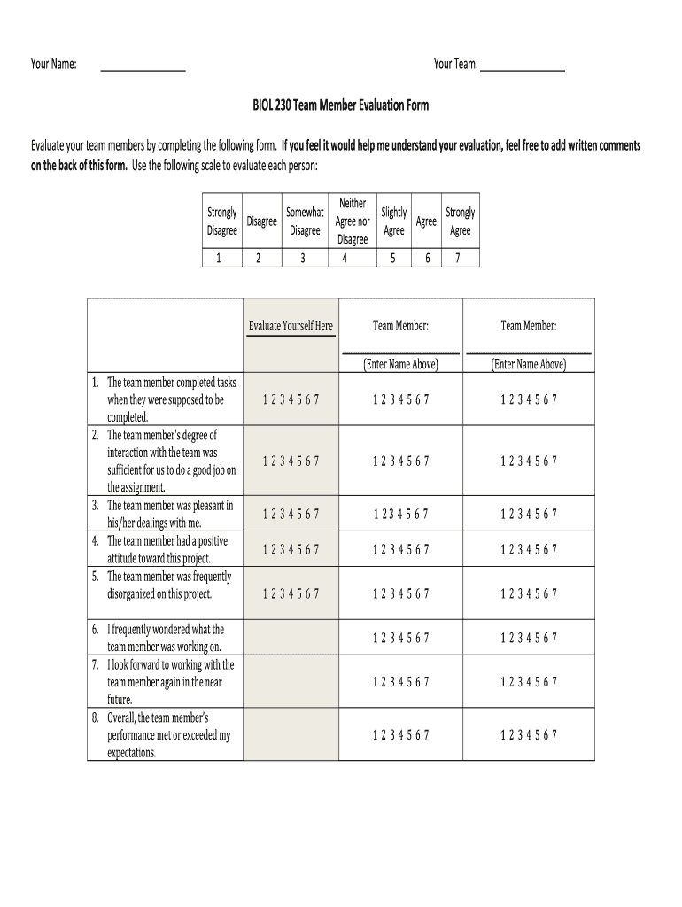 Fillable Online BIOL b230b Team Member Evaluation bFormb - CCBC Faculty ...