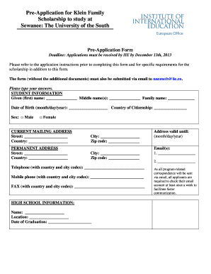 Fillable Online fazekas PreApplication for Klein Family Scholarship to study at Sewanee: The ...