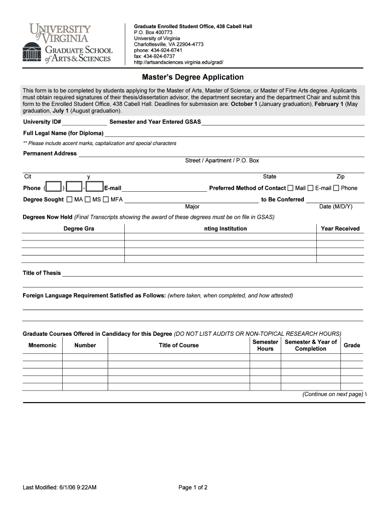 Fillable Online gsas virginia Masters Degree Application - University ...