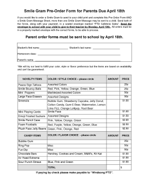 Fillable Online stallionstampede Smile Gram Pre-Order Form for Parents ...