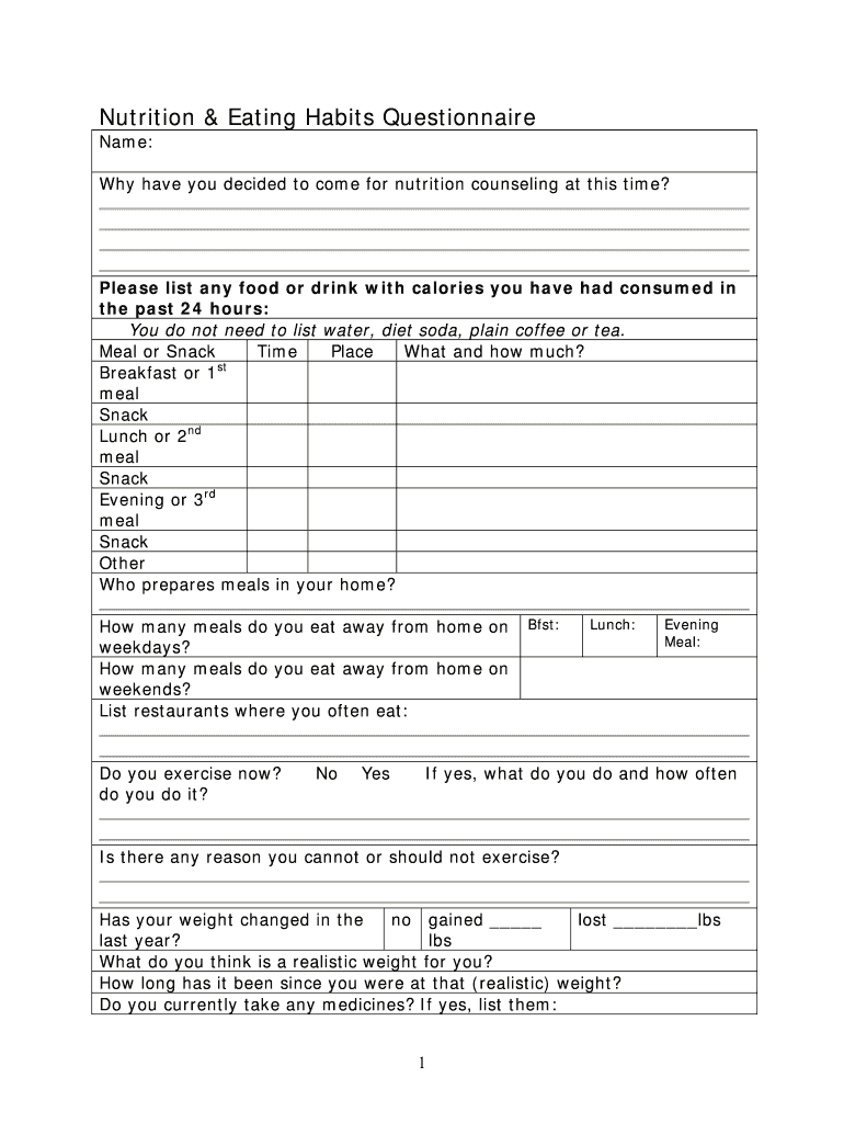 Fillable Online Nutrition & Eating Habits Questionnaire Fax Email Print ...