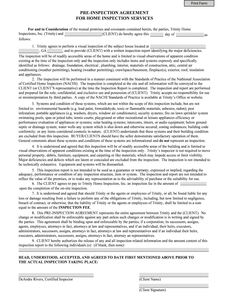 Fillable Online Pre-inspection agreement for bhome inspectionb services ...