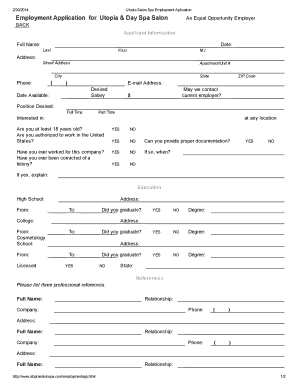 Fillable Online Employment Application for Utopia amp Day Spa Salon Fax ...