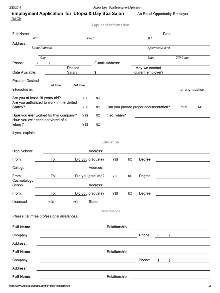 Fillable Online Employment Application for Utopia amp Day Spa Salon Fax ...