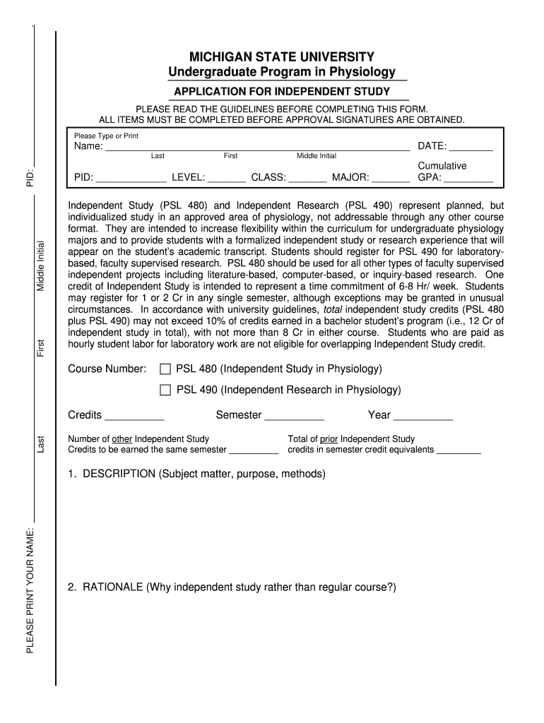 Fillable Online physiology natsci msu Independent Study FormPSL Fax Email Print - pdfFiller