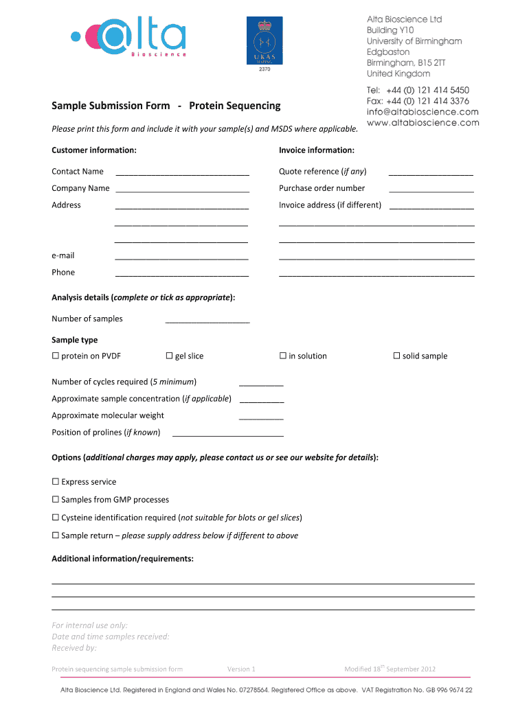 Fillable Online Sample Submission Form - Protein Sequencing - AltaBioscience Fax Email Print ...