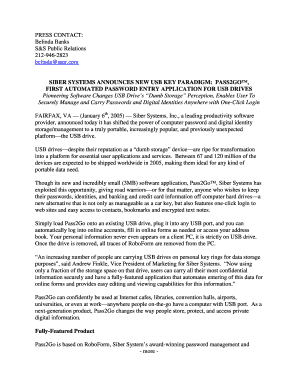 Fillable Online SIBER SYSTEMS ANNOUNCES NEW USB KEY PARADIGM: PASS2GO ...