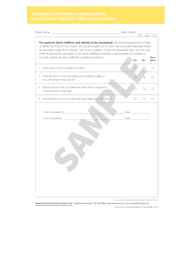 Fillable Online Screening Checklist for Contraindications to the ...