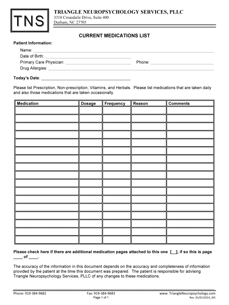 Fillable Online RX YOUR CURRENT MEDICATIONS - Triangle Neuropsychology ...