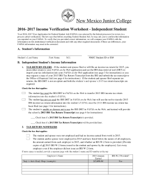 Fillable Online nmjc 2016-2017 Income Verification Worksheet ... - NMJC Home Page - nmjc Fax ...