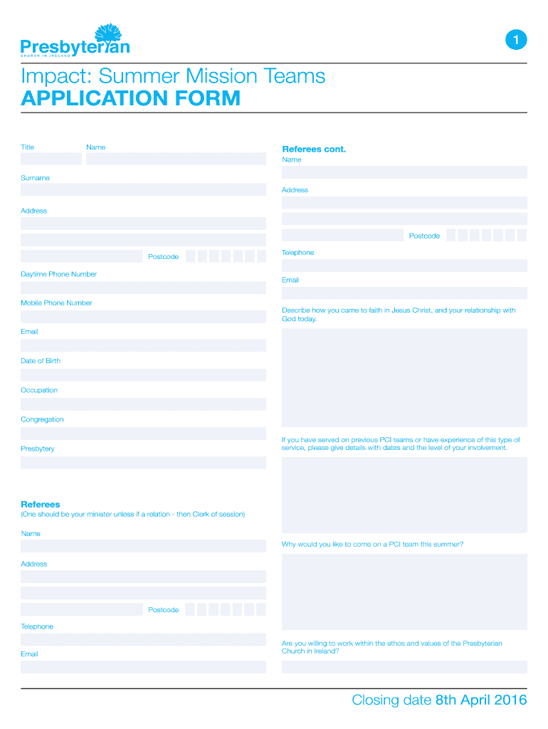 Fillable Online Impact Summer Mission Teams APPLICATION FORM Fax Email ...