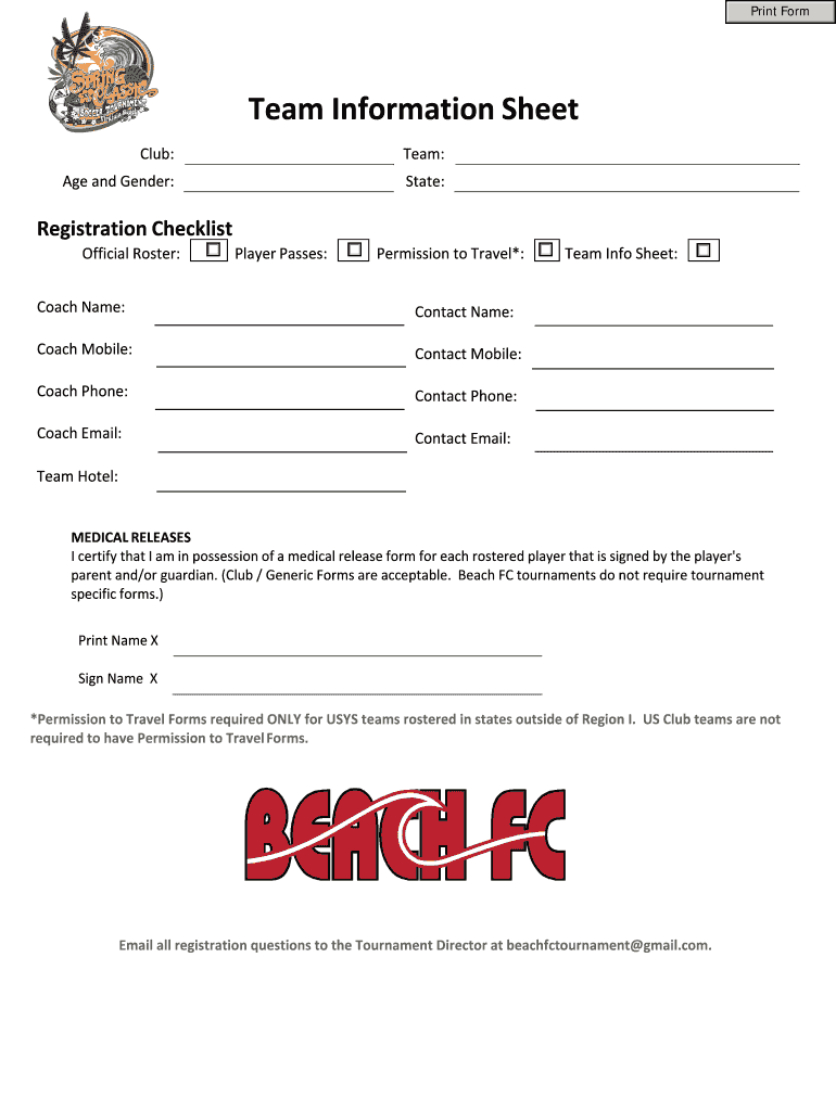 Fillable Online Team Information Sheet bPDFb Form - Beach FC Home Fax ...
