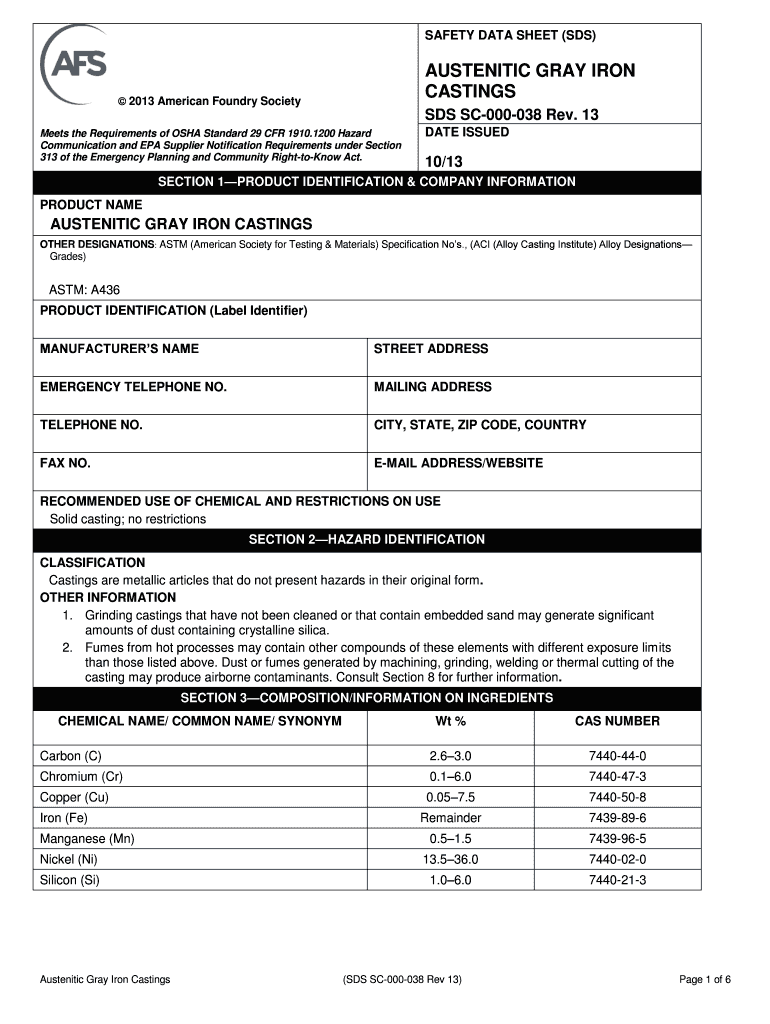 Fillable Online AUSTENITIC GRAY IRON CASTINGS SDS SC-000 ... - Effort ...
