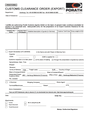 Fillable Online Customs clearance order (export) - Porath Customs ...