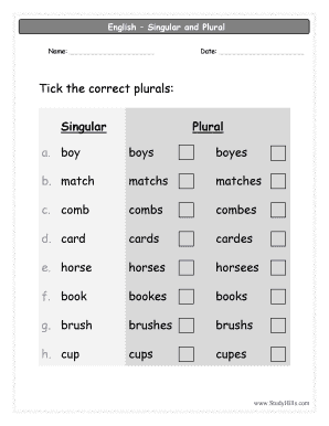 Fillable Online English Singular and Plural Name: Date: Tick the ...