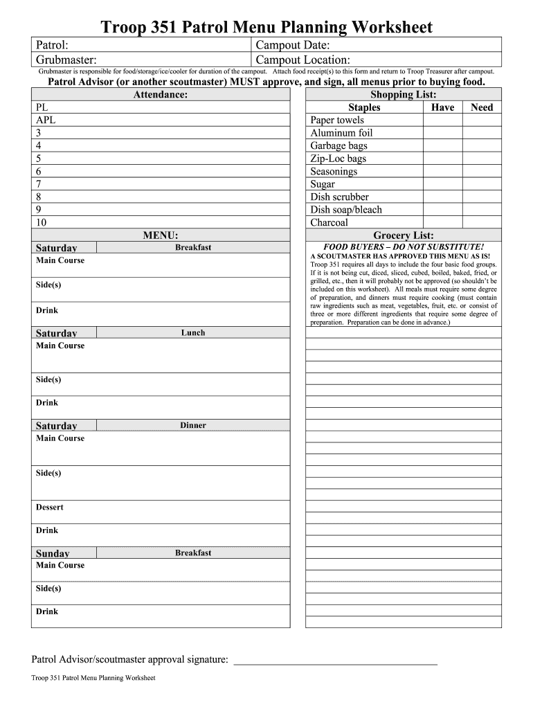 Bsa Meal Planning Worksheet Bsa Meal Planning Worksheet