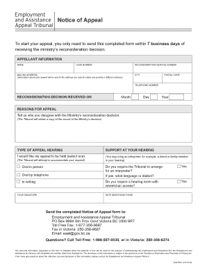 Fillable Online Notice of Appeal form - Employment and Assistance ...