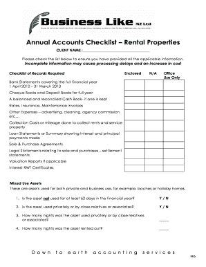 Fillable Online businesslike co Annual Accounts Checklist Rental ...