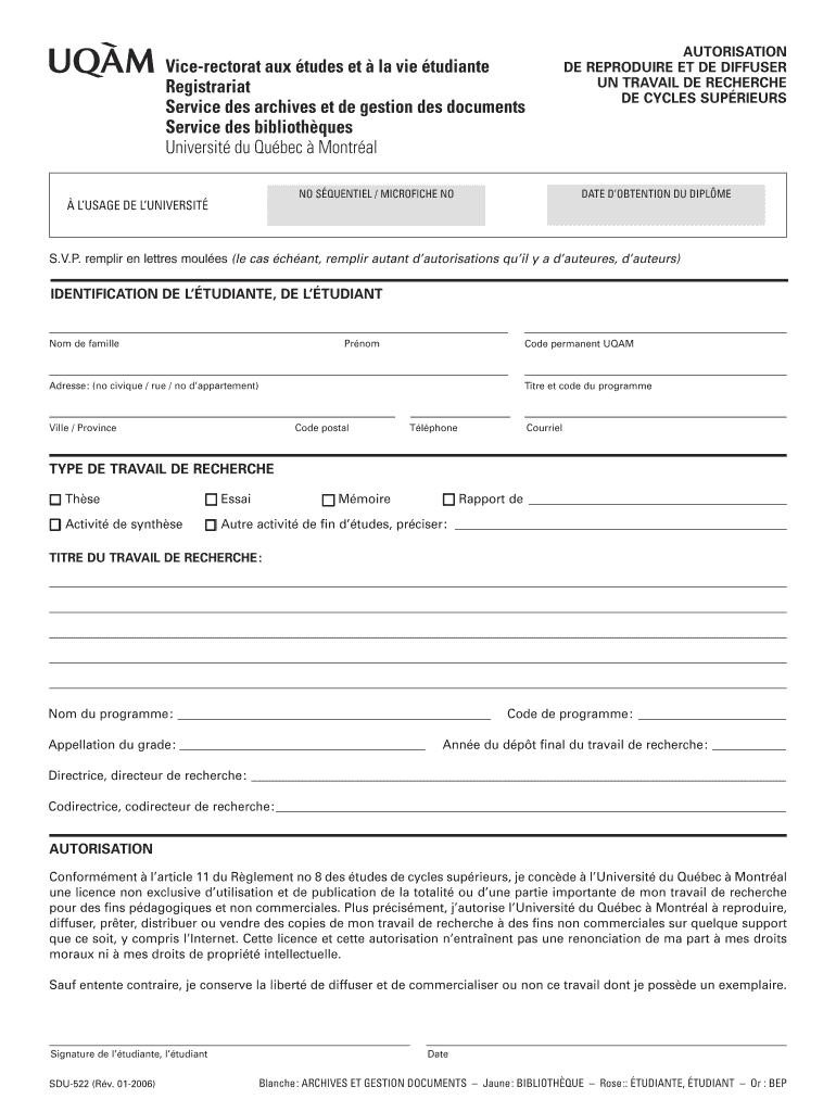 Fillable Online ssa uqam AUTORISATION Vice-rectorat aux tudes et la vie ...