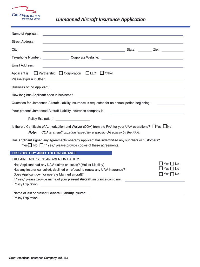 Fillable Online Unmanned Aircraft Insurance bApplicationb - Great ...