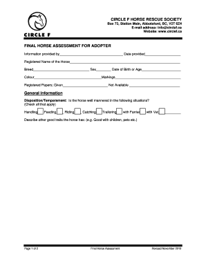 Fillable Online Final Horse Assessment for Adopter - Circle F Horse ...