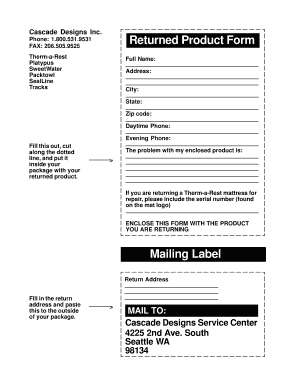 Fillable Online Returned product form - Cascade Designs Fax Email Print ...