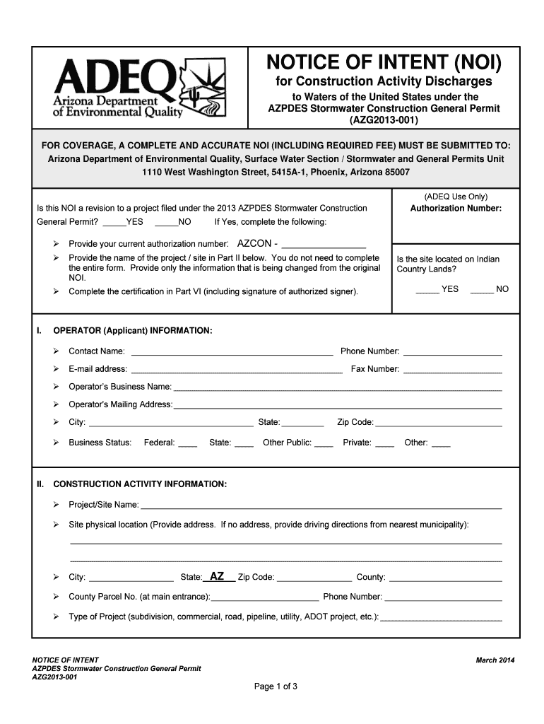 Fillable Online NOTICE OF INTENT (NOI) for Construction Activity ...
