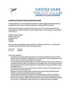 Fillable Online SUMMER AND DINGHY STORAGE RESERVATION FORM Fax Email ...