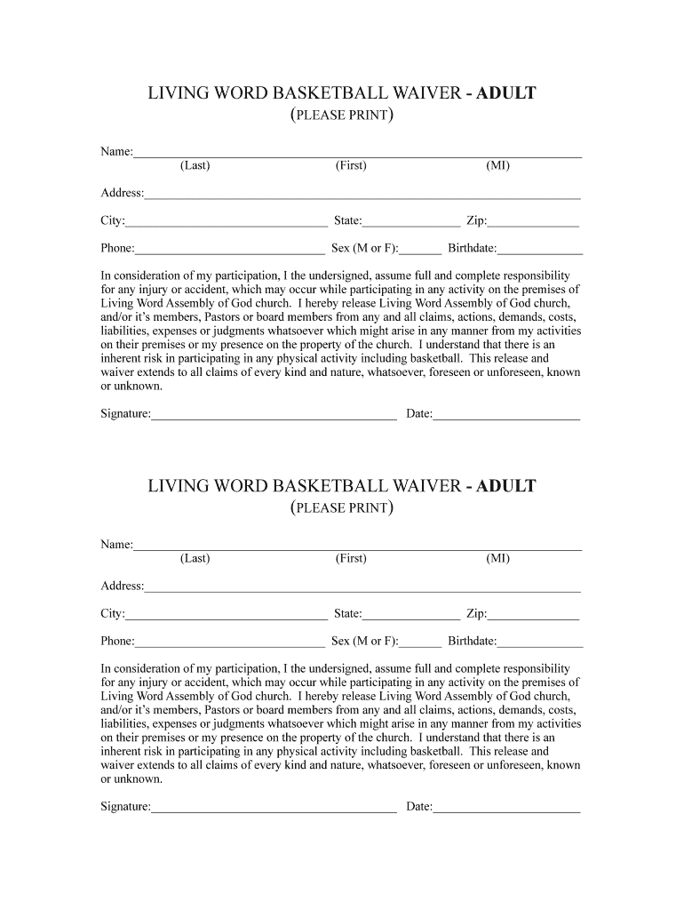Fillable Online Form Letter - Basketball Waiver - Living Word Church ...