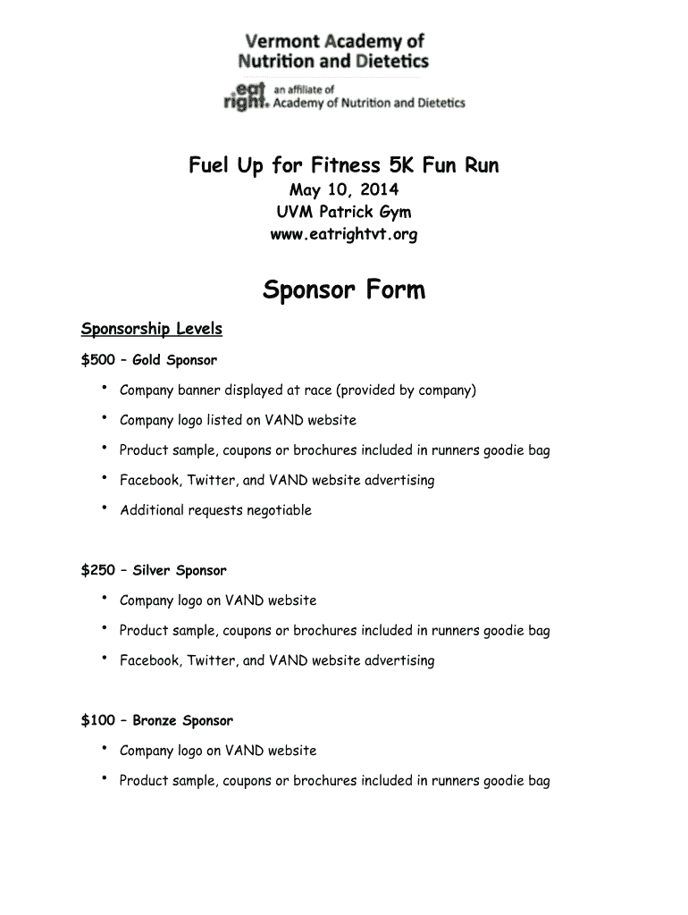 Fillable Online eatrightvt Fuel Up for Fitness 5k sponsorship form ...
