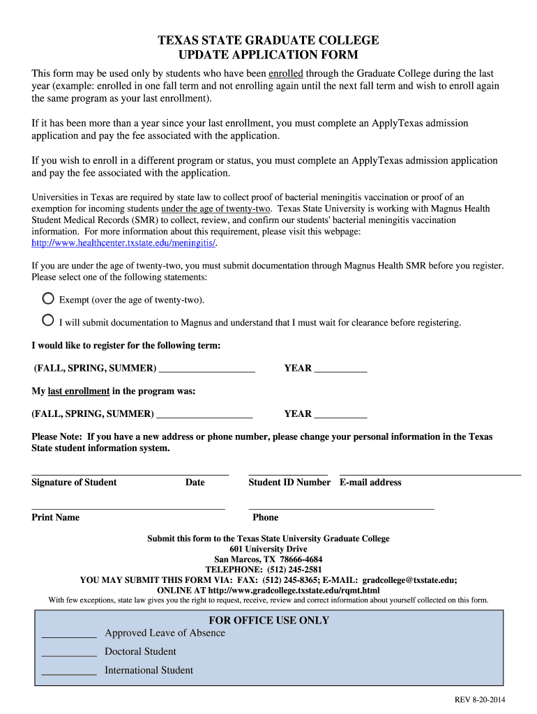 Fillable Online mpanow wp txstate TEXAS STATE GRADUATE COLLEGE UPDATE APPLICATION FORM Fax Email ...