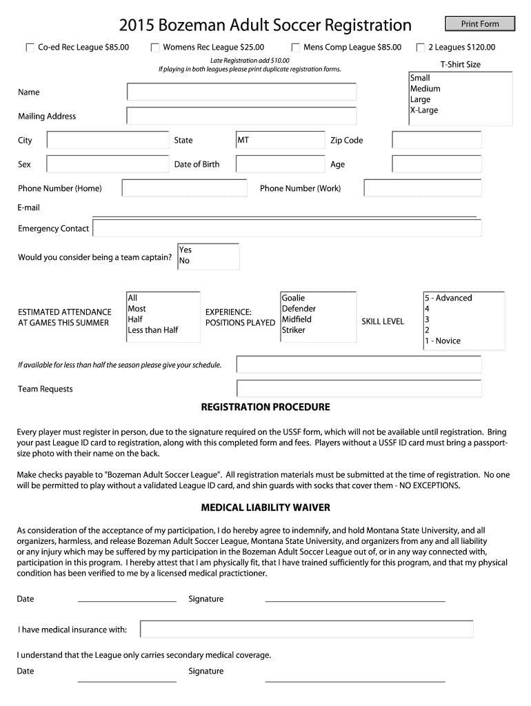 Fillable Online Bozeman Adult Soccer Registration Form Fax Email Print ...