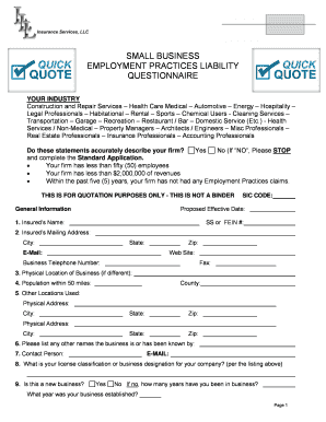 Fillable Online SMALL BUSINESS EMPLOYMENT PRACTICES LIABILITY ...