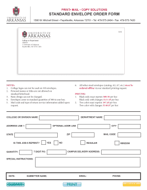Fillable Online pmcs uark Print Mail copy Solutions Standard ENVELOPE order form 1580 W Fax ...