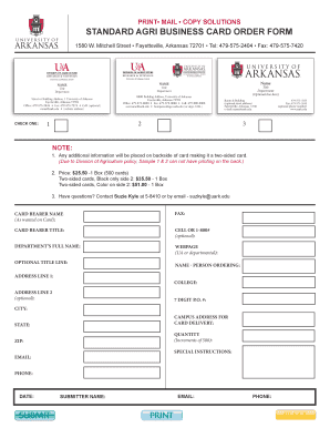 Fillable Online pmcs uark Print Mail copy Solutions Standard Agri Business card order form 1580 ...