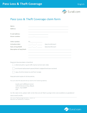 Fillable Online Pass Loss amp Theft Coverage claim form - bEurailbbcomb Fax Email Print - pdfFiller