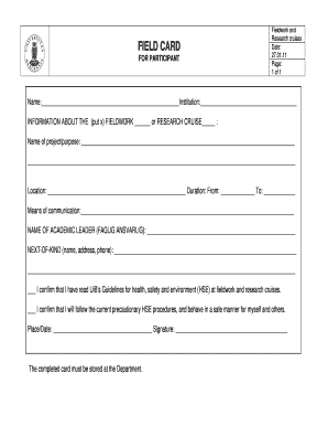 Fillable Online ekstern filer uib Fieldwork and FIELD CARD - UiB Fax ...