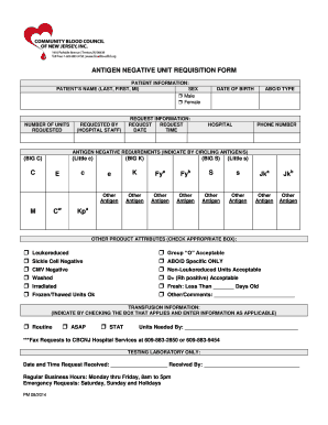 Fillable Online givebloodnj ANTIGEN NEGATIVE UNIT REQUISITION FORM ...