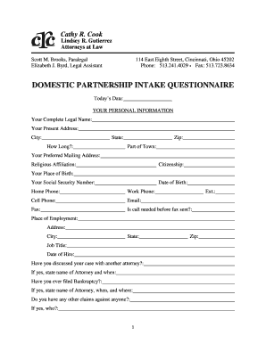 Fillable Online DOMESTIC PARTNERSHIP INTAKE QUESTIONNAIRE Fax Email ...