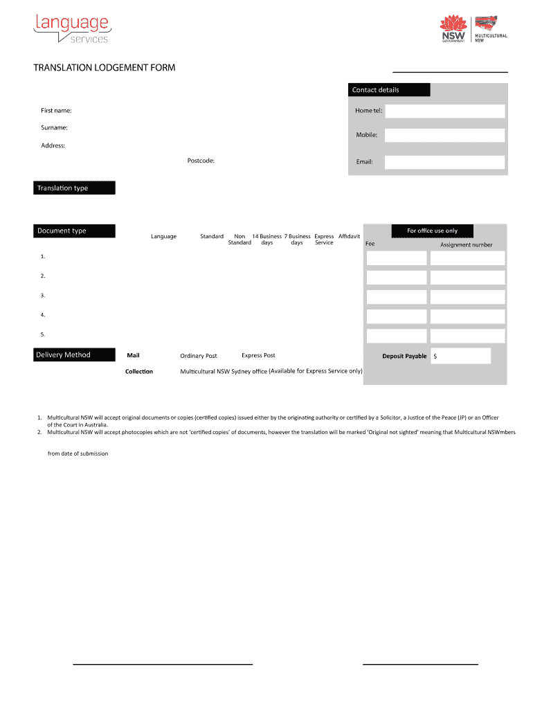 Translation Lodgement Form - Fill Online, Printable, Fillable, Blank | pdfFiller