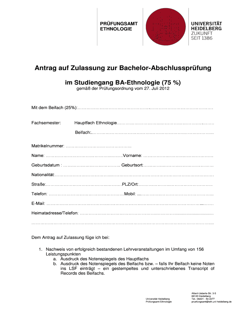 Ausfüllbar Online eth uni-heidelberg Antrag auf Zulassung zur Bachelor-Abschlusspr fung (neuer ...