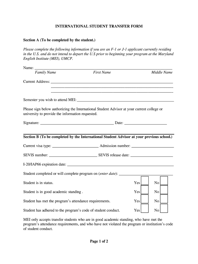 Fillable Online INTERNATIONAL STUDENT TRANSFER FORM Section A To be Fax ...