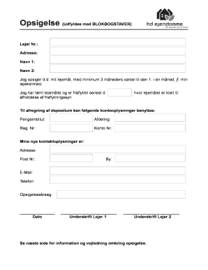Fillable Online hdejendomme Opsigelse (Udfyldes med BLOKBOGSTAVER ... - HD Ejendomme Fax Email ...
