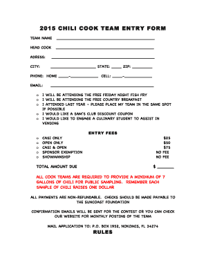Fillable Online 2015 CHILI COOK TEAM ENTRY FORM Fax Email Print - pdfFiller