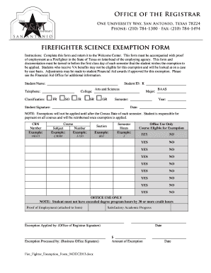 Fillable Online tamusa tamus FIREFIGHTER SCIENCE EXEMPTION FORM Fax ...