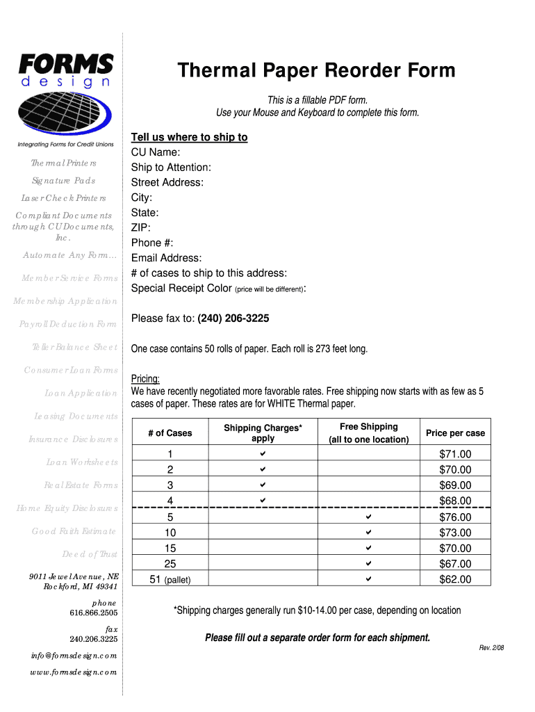 Fillable Online Thermal Paper Reorder Form - Forms Design Inc. Fax Email Print - pdfFiller
