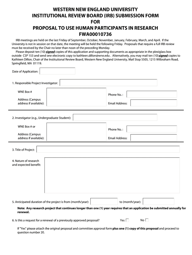 Fillable Online www1 wne (irb) submission form for proposal to use ...