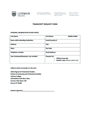 Fillable Online lehman TRANSCRIPT REQUEST FORM - Lehman College Fax ...
