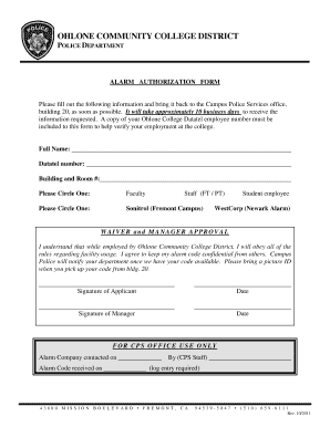 Fillable Online ohlone Alarm Authorization Form - Campus Police ...