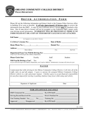 Fillable Online ohlone Driver Authorization Form - Campus Police ...
